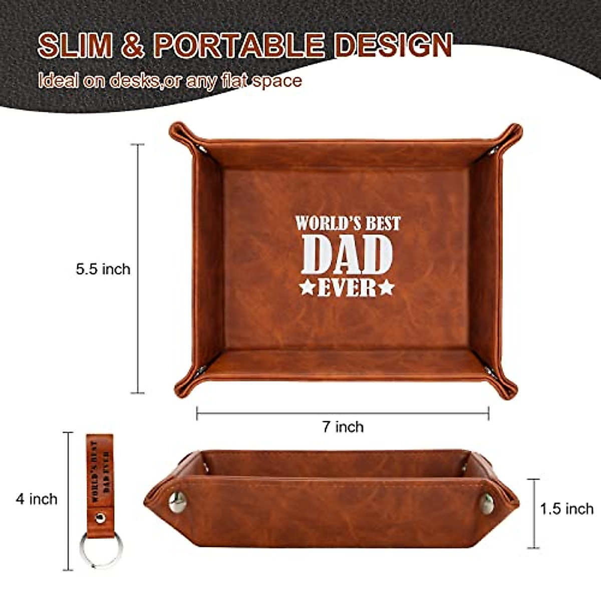 Gifts for Dad, World's Best Dad Ever Leather Valet Tray, Birthday Gifts for Dad Stepdad Men, Christmas Stocking Stuffers for Dad from Kids Daughter Son, Nightstand Organizer for Dad Presents, Brown