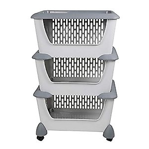 Hommp Gray Plastic Stacking Storage Organizer Basket with Wheels, Multi-function Stackable 3-Tier Storage Basket