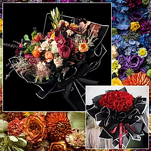 Kosotody 20 Sheets Waterproof Floral Wrapping Paper,Florist Bouquet Packaging Paper with Ribbon, 22.8x22.8 inch (White Edge Black)