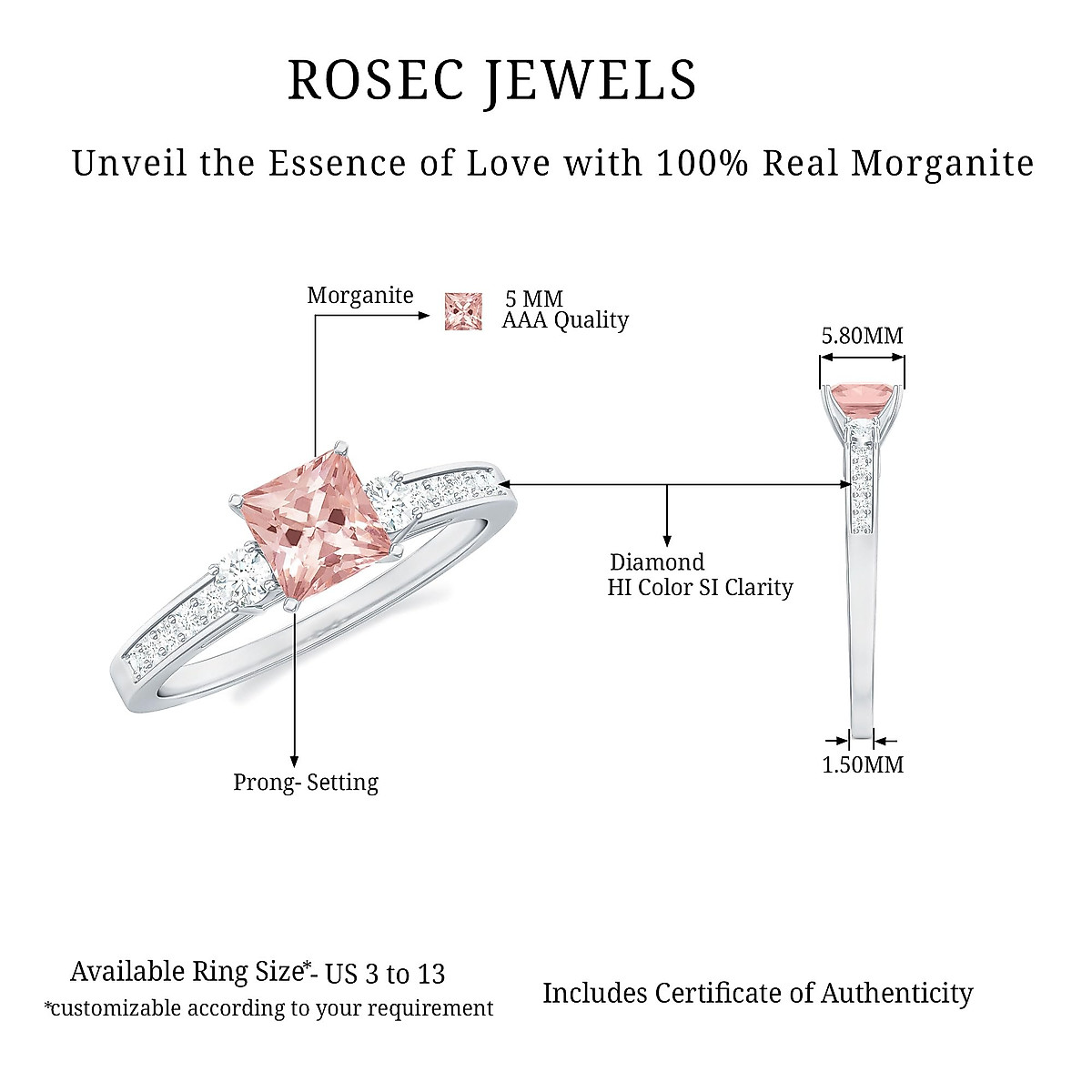 Certified Morganite 5 mm Princess Cut Engagement Ring, AAA Quality, Natural Peach Morganite Diamond Ring (With Jewelry Box), 14K White Gold, Size:US 5.00