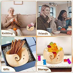 Wooden 6 x 6 x 3 Inch Yarn Bowl Crocheting Bowl Round Knitting Wool Storage Yarn Bowl Handmade with Holes 12 Pieces Crochet Hooks for Crocheting Knitting DIY Crafts Tools (Natural Color)