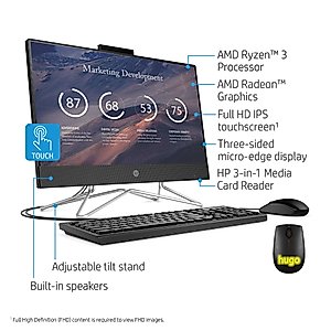 HP 2020, 22 All-in-One Desktop Computer 21.5 FHD Touchscreen/AMD Ryzen 3 3250U/ 8GB DDR4 RAM/ 1 TB HDD/DVD-Writer/AC WiFi/HDMI/Bluetooth/Black/Windows 10 Home with Hugo Mouse (Renewed)
