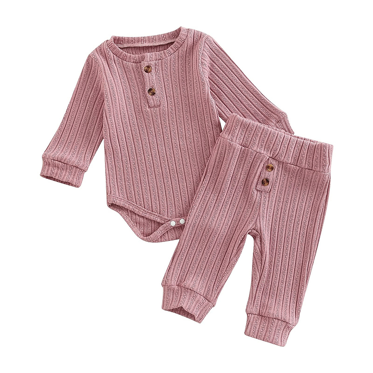 Newborn Baby Boy Girl Clothes Set Infant Ribbed Outfits Fall Winter Solid Color Romper with Elastic Long Pants 2Pcs (Pink, 6-12 Months)