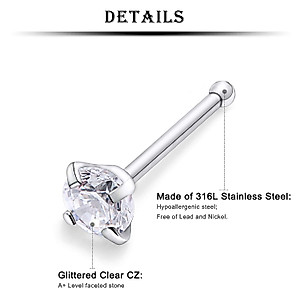 Kridzisw 20G Nose Rings Studs for Women 316L Stainless Surgical Steel Diamond Hypoallergenic Straight Opal Stud Nose Nostril Ring Pin Bone Hoop Body Piercing Jewelry Pack for Women Men CZ Silver 2mm