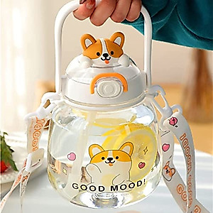 NioiiLife Kawaii Water Bottle with Handle Shoulder Strap & Straw for Carrying Leakproof Cute Animal-Themed Large Drinking Jug 1.3L (Corgi)