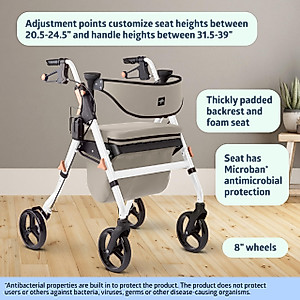 Medline Premium Empower Rollator Walker with Seat, Comfort Handles and Thick Backrest, Folding Walker for Seniors, Microban Protection, 8" Wheels, White Frame