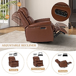 HULALA HOME Genuine Leather Power Recliner Chair with USB Port, Modern Electric Swivel Rocker Glider Recliner with Nailhead Trim & Metal Base- for Living Room Bedroom Home Theater, Brown