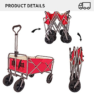 Folding Wagon Cart Beach Wagon Utility Wagon Cart Outdoor Heavy Duty Garden Portable Hand Cart with All-Terrain Wheels & Adjustable Handle (Red+White)