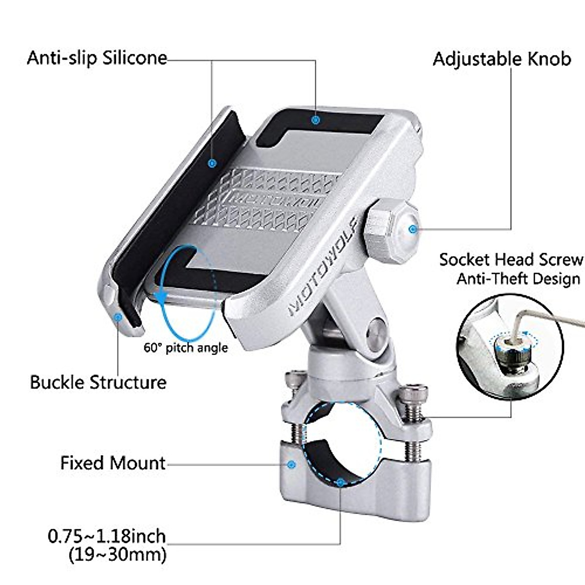 2022 vicelecus Motorcycle Phone Mount, Adjustable Anti Shake Metal Bike Phone Holder for iPhone 13 Plus Samsung Galaxy S21 S20 S10 GPS Silver