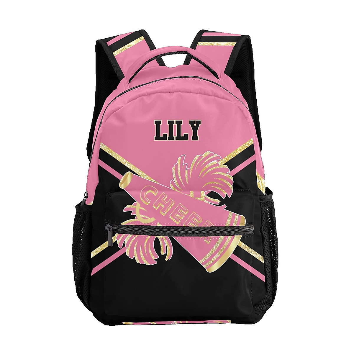 BigBigift Personalized Cheer Pink Black Cheerleaders Waterproof Backpack with Name Text for Women Men Gift, 12.2(L)x5.9(W)x16.5(H)inch