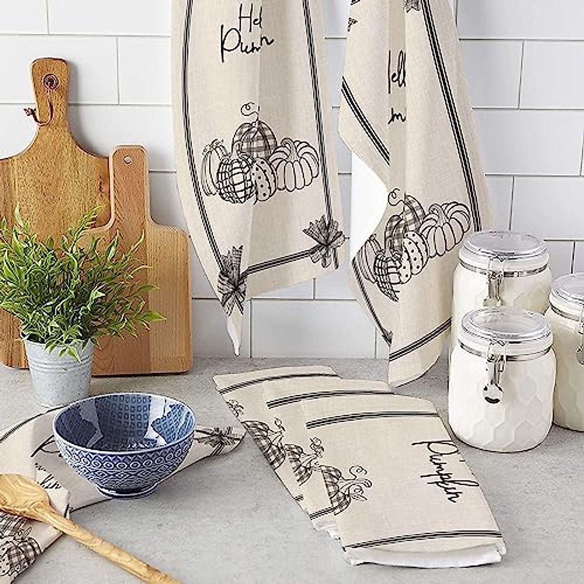 Kitchen Towels Dish Towel Set of 2,Autumn Thanksgiving Sketch Pumpkin Absorbent Hand Towels Cleaning Dishcloth Tea Towels,Fall Farm Harvest Retro Linen Reusable Drying Dish Cloths