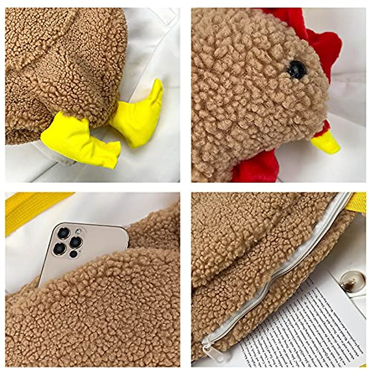 Cute Chicken Crossbody Bags for Women Girl Plush Handbags Cartoon Rooster Shoulder Bag (Khaki)