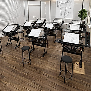 Adjustable Glass Drafting Table,Versatile Art Study Table,with Storage Drawers,Art Studio Design Sketching Painting Work Station