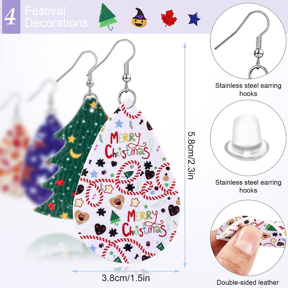 Otuuz 24 Pairs Christmas Earring Santa Christmas Tree Pumpkin Faux Leather Earrings Dangle Lightweight Teardrop Earrings Thanksgiving New Year Party Decorations for Women