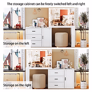 PAKASEPT Vanity Desk with Mirror and Lights, Makeup Vanities with Charging Station, White Vanity with 3 Color Lighting, Drawers, Hidden and Open Shelves, Girls Dressing Table for Bedroom