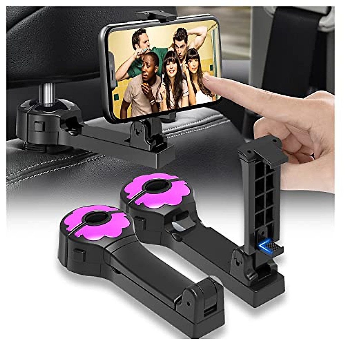 2 Pack of Upgraded 2 in 1 Car Seat Hooks 360 ° Rotation, with Cell Phone Holder, Hidden Seat Hooks, Can Hang Handbags, Purse, Toys, Groceries, Hook (2pcs-Purple)