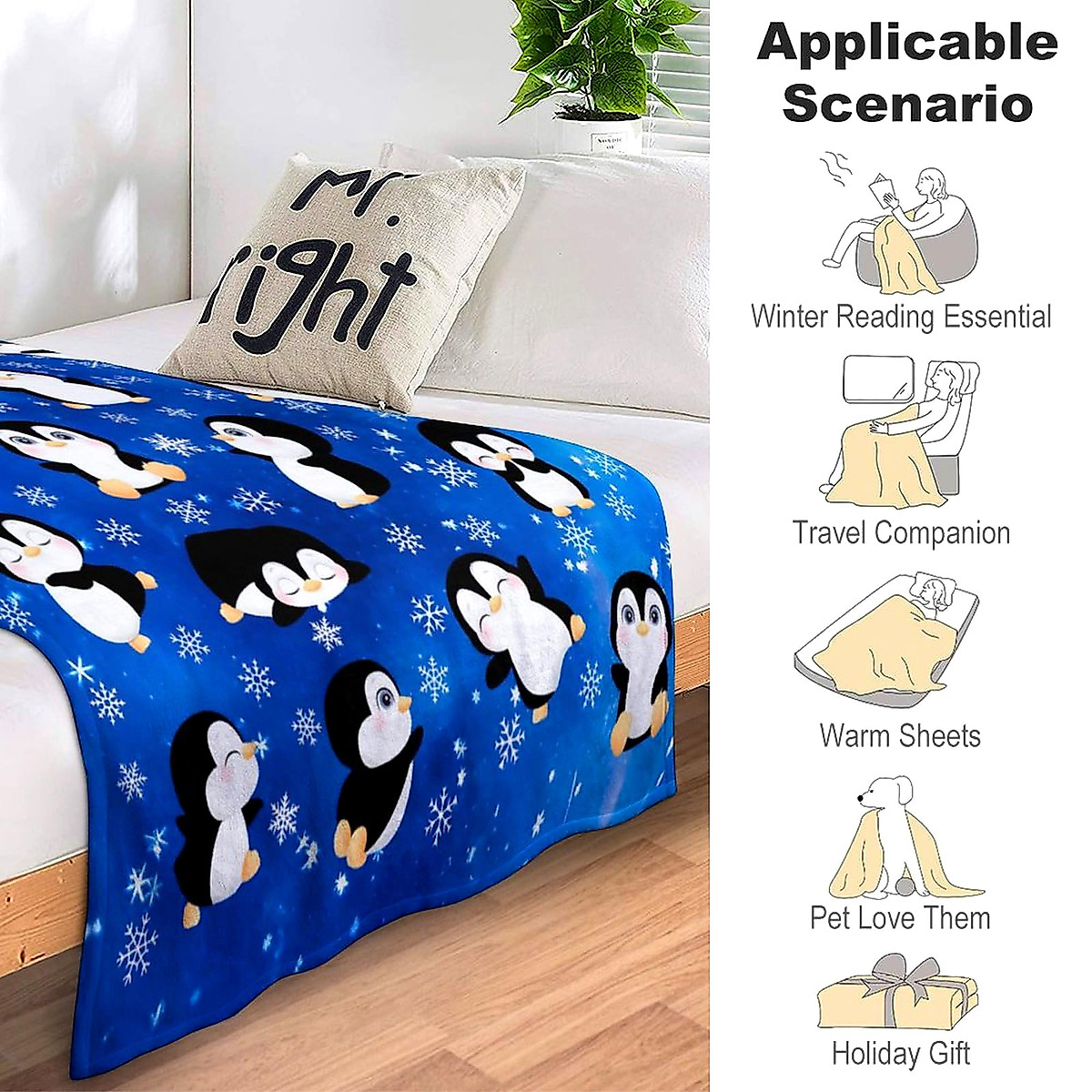 Penguin Blanket Flannel Soft Cute Penguins Throw Blankets Animal Penguin Gifts Decor for Girls 50"x40"