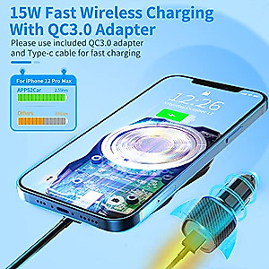 Magnetic Wireless Car Charger Mount, Auto-Alignment Dashboard Windshield Car Wireless Charger Holder Compatible with iPhone 13/12/Mini/Pro/Pro Max/MagSafe Case, 15W Fast Charging with QC3.0 Adapter