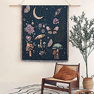 tiowik Mushroom Butterfly Flower Moon Throw Woven Blanket with Tassel for Home Decoration Chair Couch Sofa Bed Beach Travel Picnic Cloth Tapestry Shawl Cozy Cotton (Navy Blue 63×51 Inches)