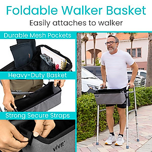Vive Walker Basket Accessories Bag - Tray for Folding Walker with Water Cup Holder & Pockets - Universal Large Capacity Storage Container for Seniors, Elderly - Storage Mobility Aid Pouch (Gray)
