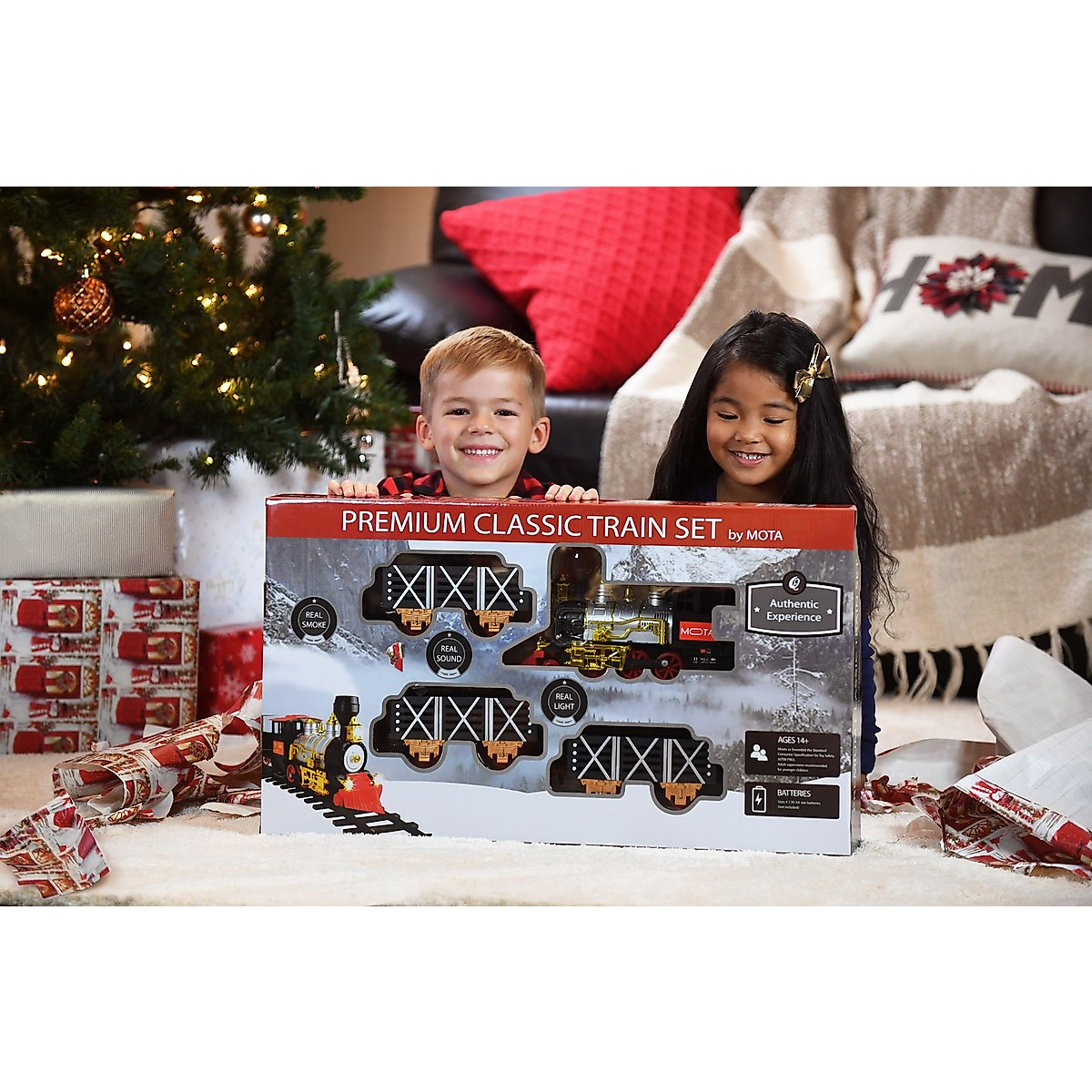 MOTA Classic Holiday Christmas Train Set with Real Smoke - Authentic Lights, and Sounds - A Full Set with Locomotive Engine, Cargo Cars, Tracks and Christmas Spirit