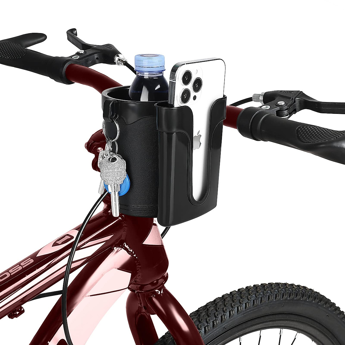 Accmor 3-in-1 Bike Cup Holder with Cell Phone Keys Holder, Bike Water Bottle Holders, Universal Bar Drink Cup Can Holder for Bicycles, Motorcycles, Scooters, Black