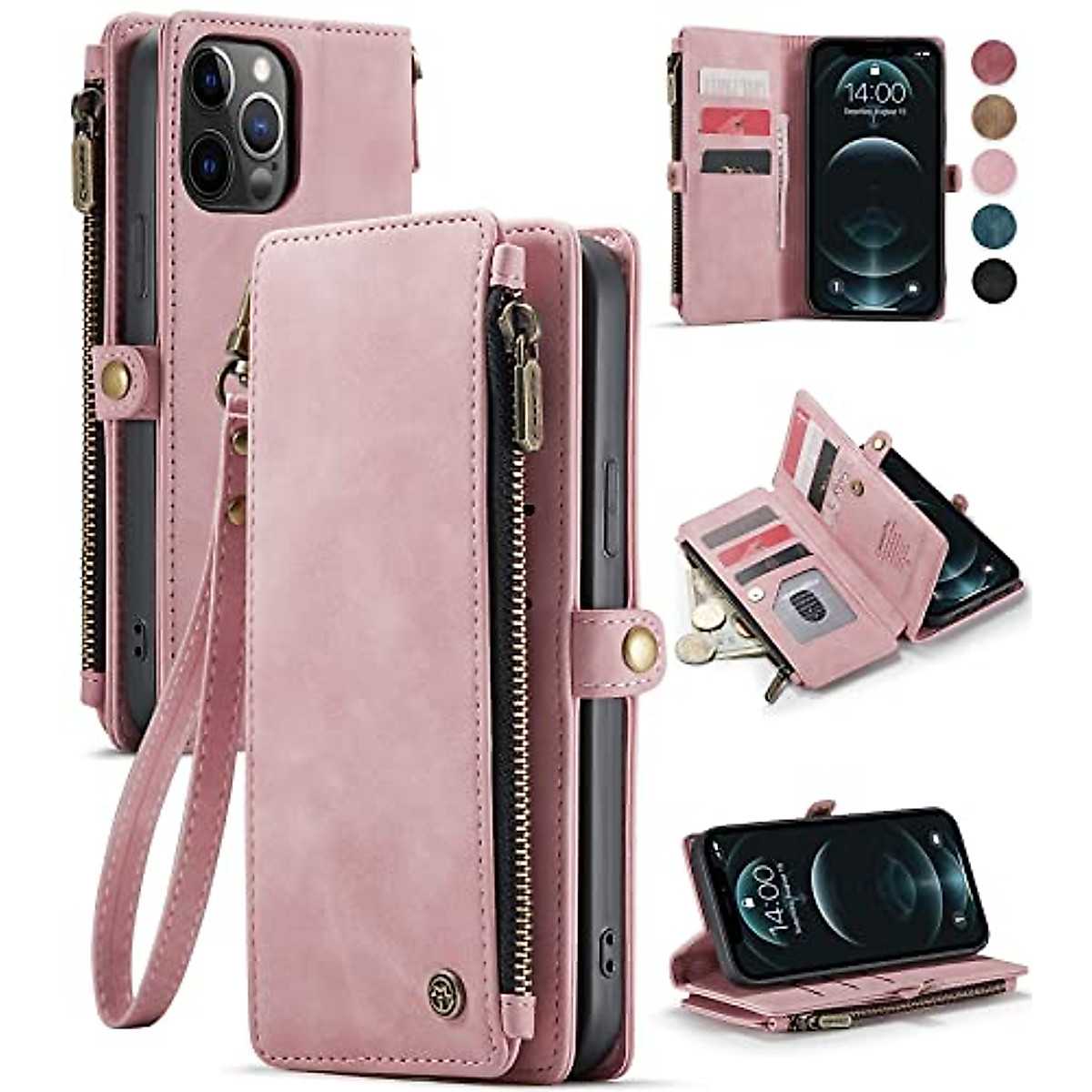 Defencase for iPhone 12 Pro Max Case Wallet for Women, Durable PU Leather Magnetic Flip Lanyard Strap Wristlet Zipper Card Holder Phone Cases, Rose Pink