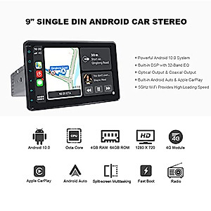 JOYING 9 Inch Single Din Touch Screen Car in-Dash Navigation GPS Units Android 10 IPS Screen 1280x720 Car Stereo Multimedia Player 4GB+64GB Support 4G SIM Card/5Ghz WiFi/FM Radio/DVR/Bluetooth 5.1
