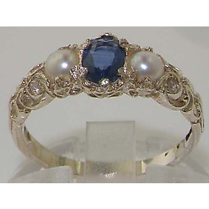 LetsBuyGold 925 Sterling Silver Natural Sapphire and Cultured Pearl Womens Promise Ring - Size 6.5
