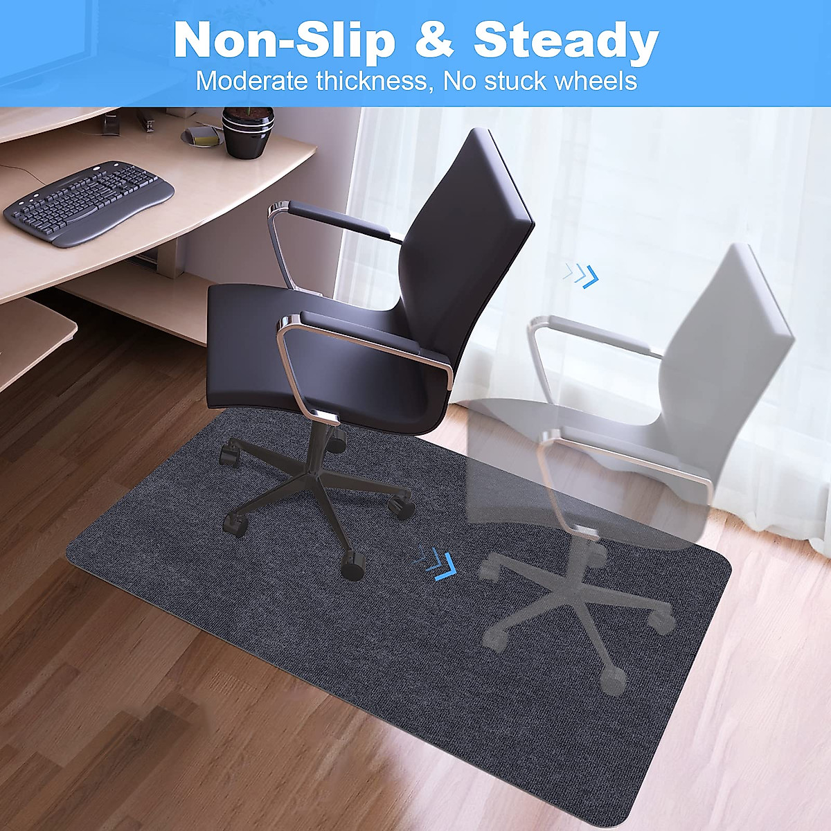 JOENIE Office Chair Mat for Hardwood & Tile Floor, 47"x35" Computer Desk Chair Floor Mat, Easy Glide Low-Pile Rug, Large Anti-Slip Multi-Purpose Floor Protector for Work, Home, Gaming (Dark Gray)