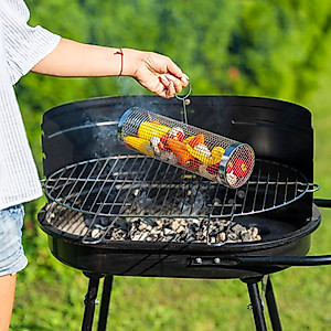 2PCS Rolling Grill Baskets for Outdoor Grill, Big Green Egg Accessories-Set Includes Fork, Hook, and Oil Brush-304g Stainless Steel-Perfect Gifts for Dad, Camping Must Haves, Unique Outdoor Gifts