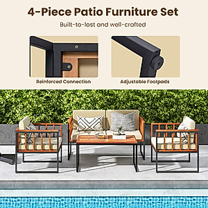 Tangkula Acacia Wood Outdoor Sofa Set, 4 Pieces Outdoor Furniture Set with Heavy Duty Metal Frame, Soft Seat & Back Cushions, for Balcony, Porch, Backyard or Poolside (1, Beige)