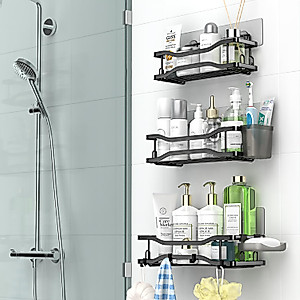 Aitatty Shower Caddy Bathroom Organizer Shelf: Self Adhesive Shower Rack with Soap Shampoo Holder - Rustproof Stainless Bath Caddy for Inside shower Black