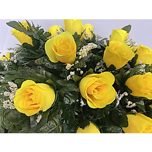 Yellow Rose with Baby's Breath Flowers Cemetery Headstone Saddle Arrangement