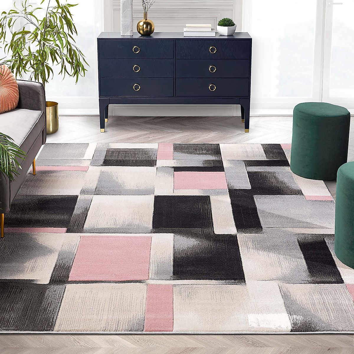 Well Woven Lane Blush Pink Modern Geometric Boxes & Squares Pattern Area Rug 5x7 (5'3" x 7'3")
