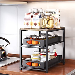 Under Sink Organizers and Storage, 2-Tier Sliding Under Bathroom Cabinet Storage Drawer Organizer with Solid Rustic Wood Top, Multi-purpose Under Sink Shelf Organizer for Home, Kitchen, Bathroom
