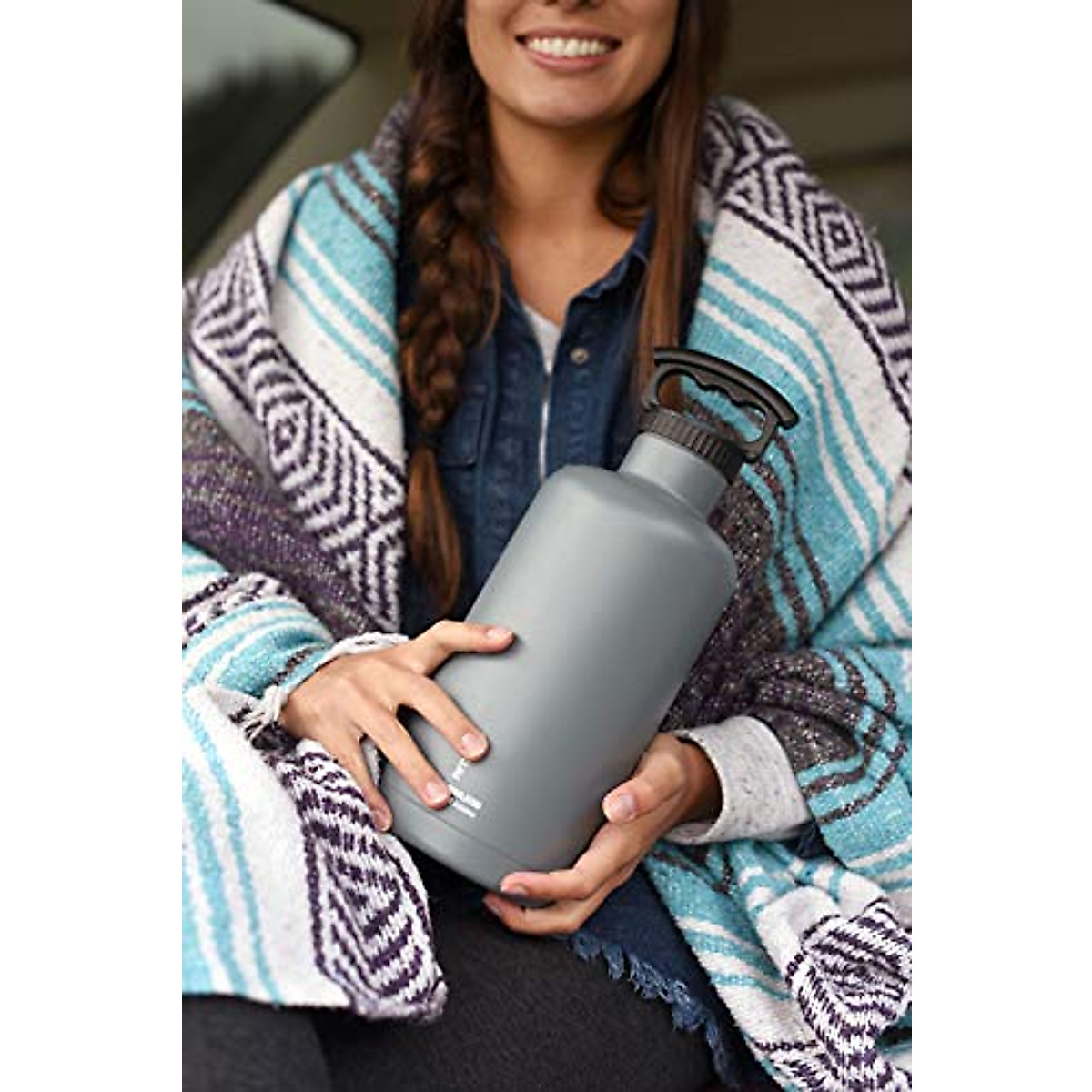 Fifty/Fifty Growler, Double Wall Vacuum Insulated Water Bottle, Stainless Steel, 3 Finger Cap w/ Standard Top, Black, 64oz/1.9L, V65001BK0