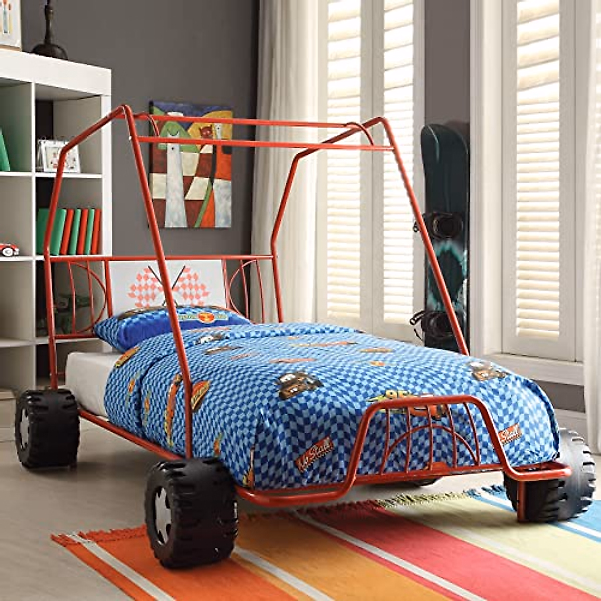 HABITRIO Twin Bed Frame, Racer Cart Design Metal Structure Canopy Twin Size Platform Bed with Headboard, Sturdy Slat System, No Box Spring Needed, Fit for Kids Teens Bedroom, Red