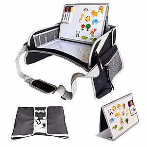 Activitee time Kids Car Seat Tray for Travel - Toddler Road Trip Essentials, Portable Lap Table for Eating & Activities - Must Haves Travel Accessories, w/Multiple Pockets for Toys - Ages 2-8, Gray