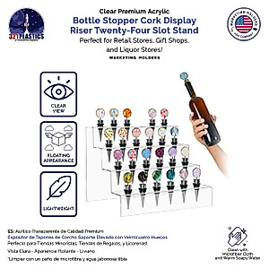 Marketing Holders Wine Bottle Topper Liquor Pourer Display Stand Multi Level 24 Slot Rack with .75 Inch Wide Holes Clear Acrylic Riser 11.5" Wide by 10" Deep Retail Countertop Showcase