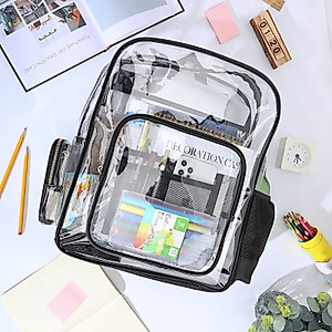 Large Clear Backpack Heavy Duty PVC Plastic Backpack Transparent Book Bag See Through Work Bag for Stadium, School, Travel, College (Black)