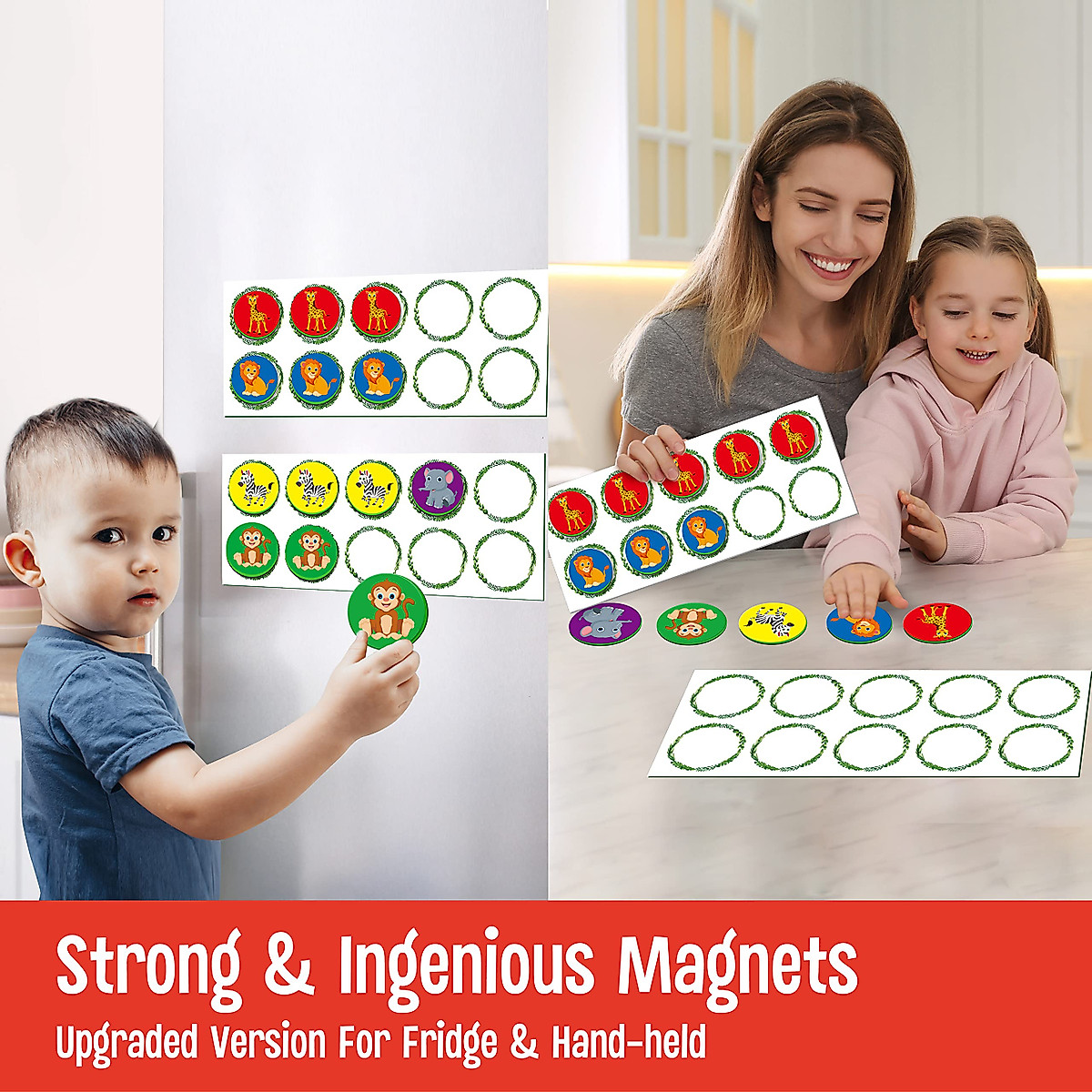 Magnetic Ten-Frame Set, 5 Frames & 55 Colorful Counters Ten Frame Math Games Jungle Themed Math Manipulative Counting Toys for Kindergarten Preschool, 5 Colors & 5 Animals (Fridge & Hand-held)