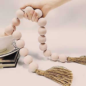 72" Long Large Wood Bead Garland with 1.6" Diameter Chunky Wooden Beads, Farmhouse Rustic Country Boho Wooden Beads Garland for Home Tiered Tray Decor, Wood Decorative Beads with Tassels