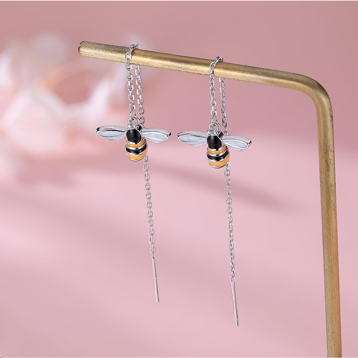 SLUYNZ 925 Sterling Silver Bumble Bee Dangle Earrings for Women Teens Threader Earrings Chain (Silver)