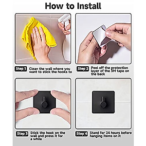 YOGEERNIC 2 PCS Adhesive Towel Hooks for Wall, No Drilling Removable Wall Hooks for Hanging, Heavy Duty Robe and Towel Hooks for Bathroom Bedroom Kitchen Hotel(Matte Black)