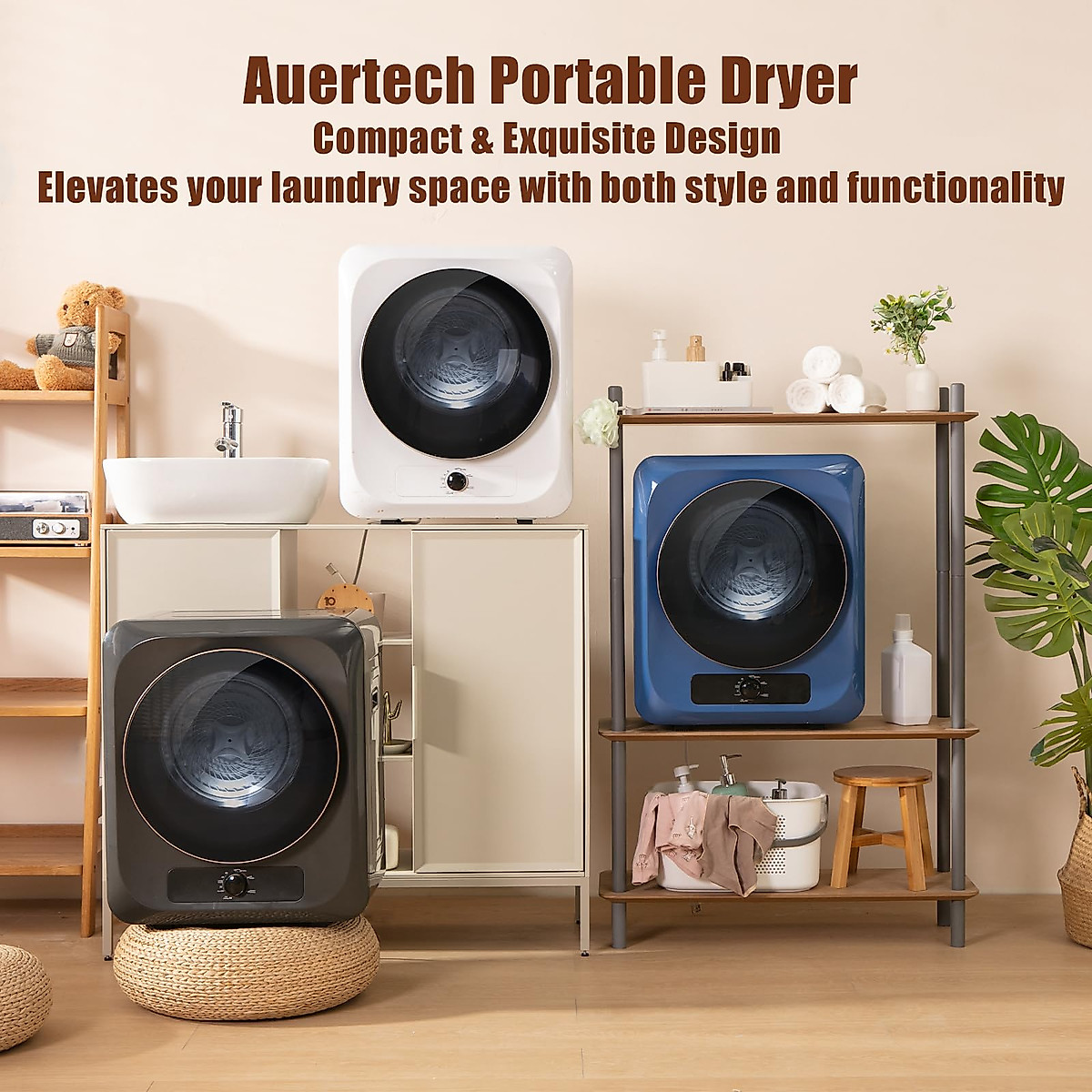 Auertech Portable Dryer, 110V 10Lbs Portable Clothes Dryer with 5 Drying Modes, Stainless Steel Tub, 1.5 cu.ft Front Load Mini Dryer Machine for Apartment, Laundry, RV