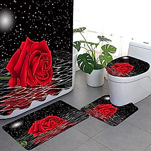 4 Pcs Black and Red Rose in Water Flowers Shower Curtain Sets with Non-Slip Rugs, Toilet Lid Cover and Bath Mat, Romantic Floral Curtain with 12 Hooks
