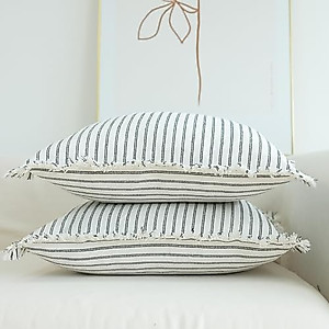 JOJUSIS Pack of 2 Striped Throw Pillow Covers with Fringe for Sofa Couch Bedroom Farmhouse Pillowcase 18 x 18 Inch Black