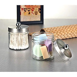 Bathroom Vanity Glass Storage Organizer Holder Canister Apothecary Jars for Cotton Swabs, Rounds, Balls, Qtips,Makeup Sponges, Flossers,Bath Salts - 2 Pack, Clear (Brushed Nickel)