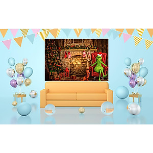 Retro Fireplace Backdrop for Christmas Party Supplies 5x3ft Grinch Red Sofa Photo Background Merry Christmas Photography Backdrop Grinchmas Banner